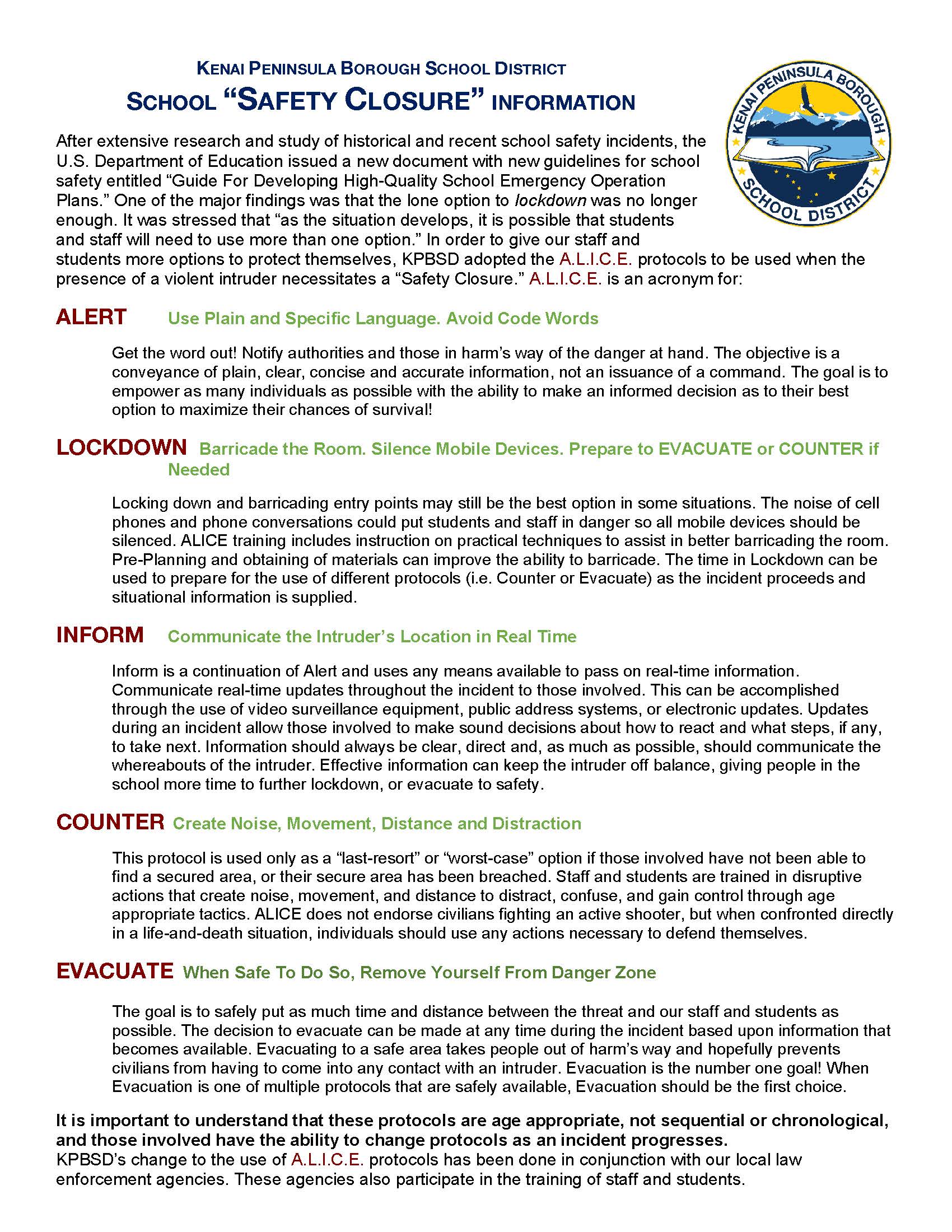 KPBSD School “Safety Closure” information - KPBSD Communications Field ...